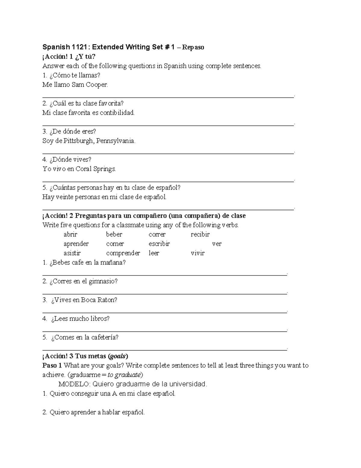 Extended Writing Homework Set 1 - Spanish 1121: Extended Writing Set ...