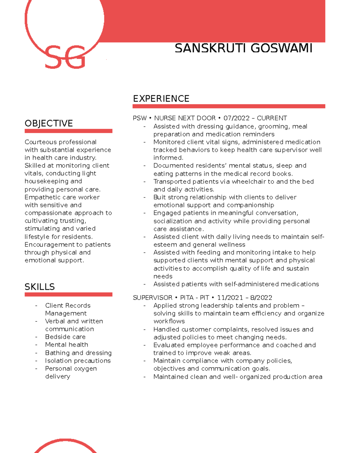SG Resume - Health science -3 package 1 - SG OBJECTIVE Courteous ...