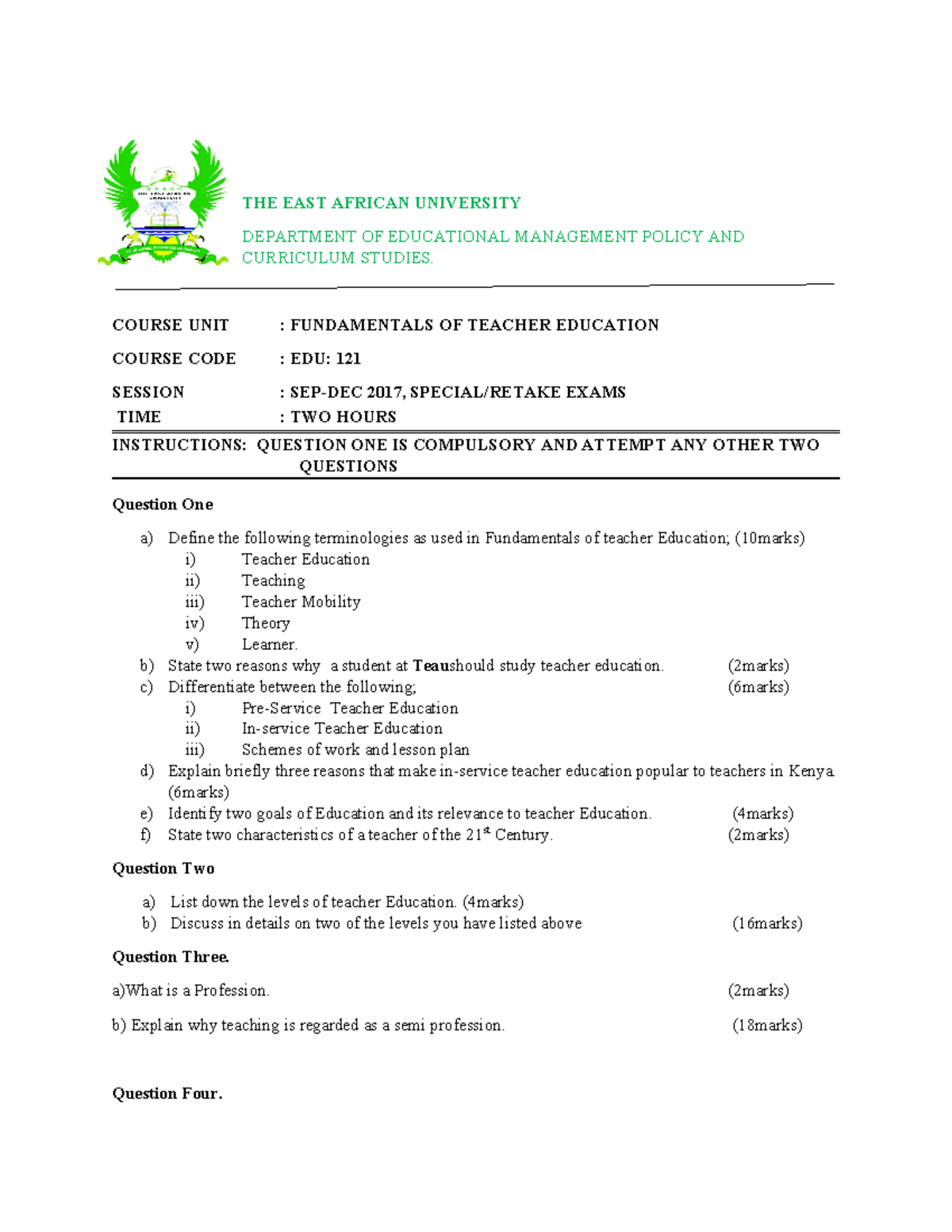 Fundamentals of Teacher Education 2018 - THE EAST AFRICAN UNIVERSITY ...