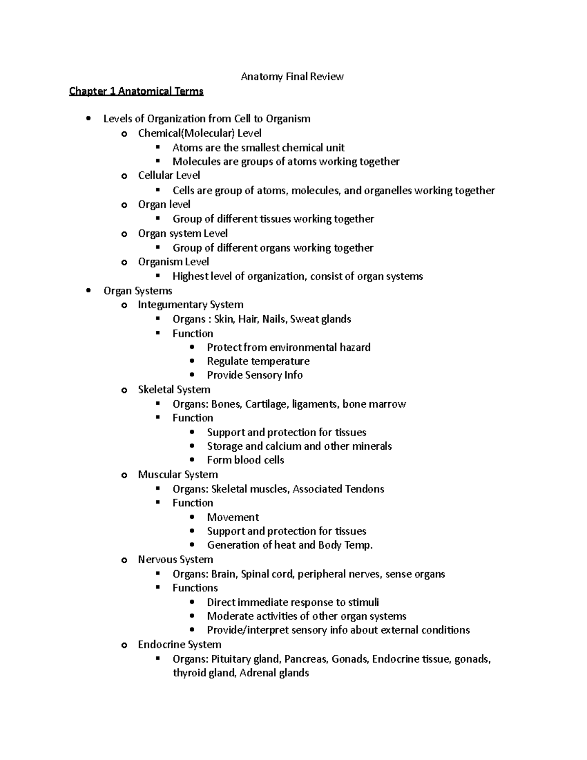 Anatomy Final Review Doc - Chapter 1 Anatomical Terms Anatomy Final ...