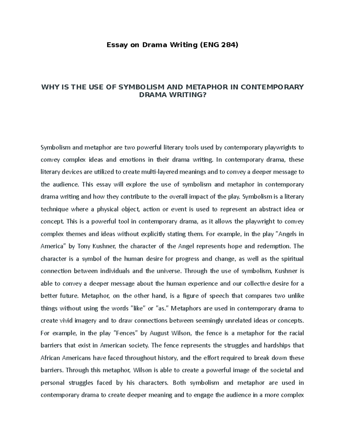 Symbolism and metaphor in contemporary drama writing - Essay on Drama ...