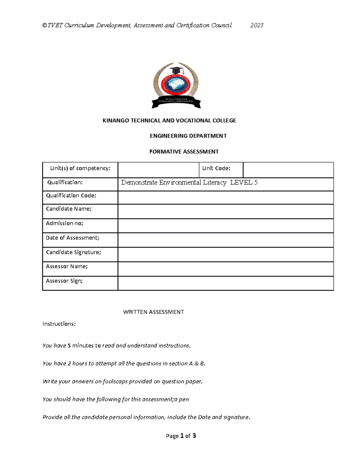 Environmental Level 5 2023 - ©TVET Curriculum Development, Assessment ...