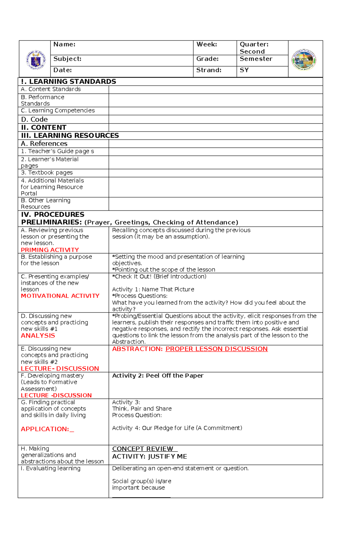 4AS Lesson Plan Template - Name: Week: Quarter: Second Subject: Grade ...