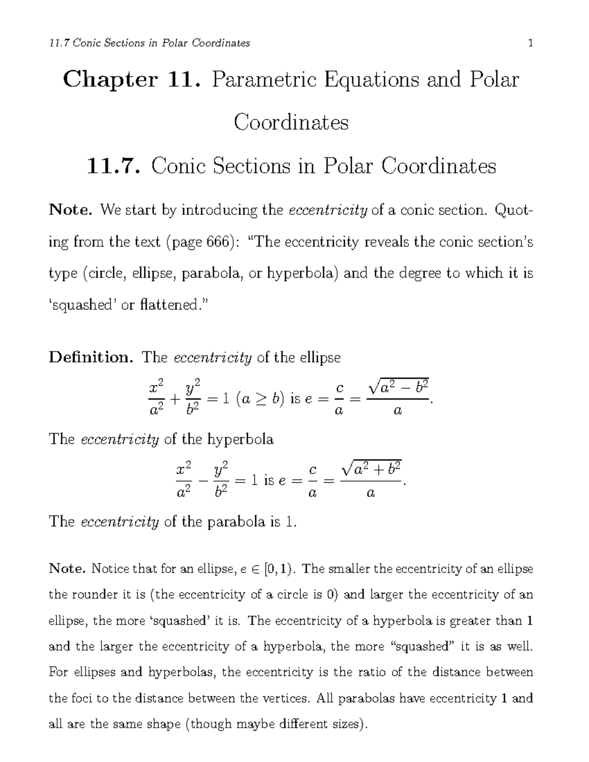 Conics in Polar Coordinates Notes - Chapter 11. Parametric Equations ...