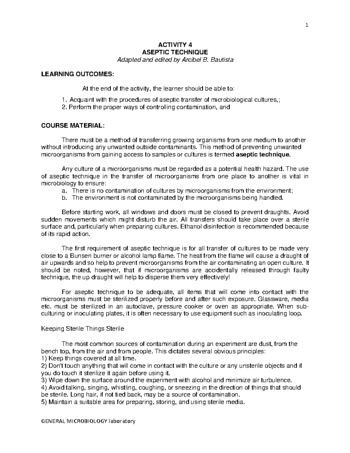 Activity 4 - Aseptic technique - 1 GENERAL MICROBIOLOGY laboratory ...