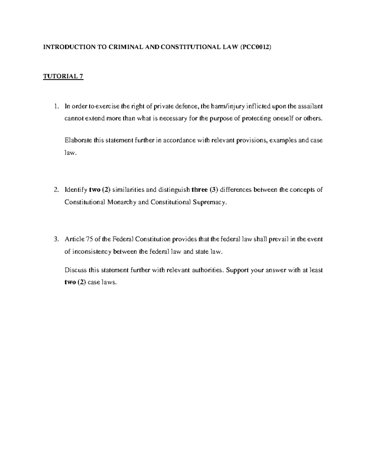 Ucl 1612 Constitutional Law I Tutorial 7 Week 9 Introduction To Criminal And Constitutional 
