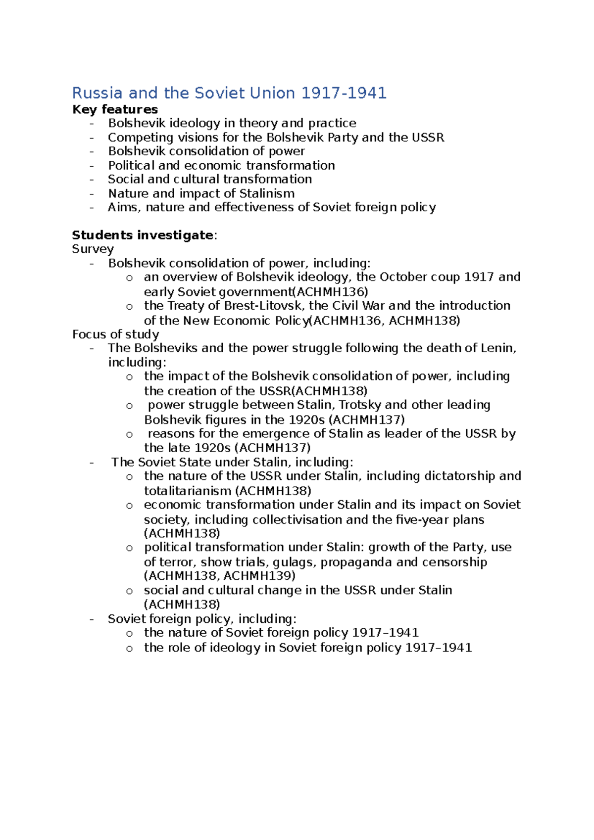 Modern notes- Russia and the Soviet Union 1917–1941 - Russia and the ...