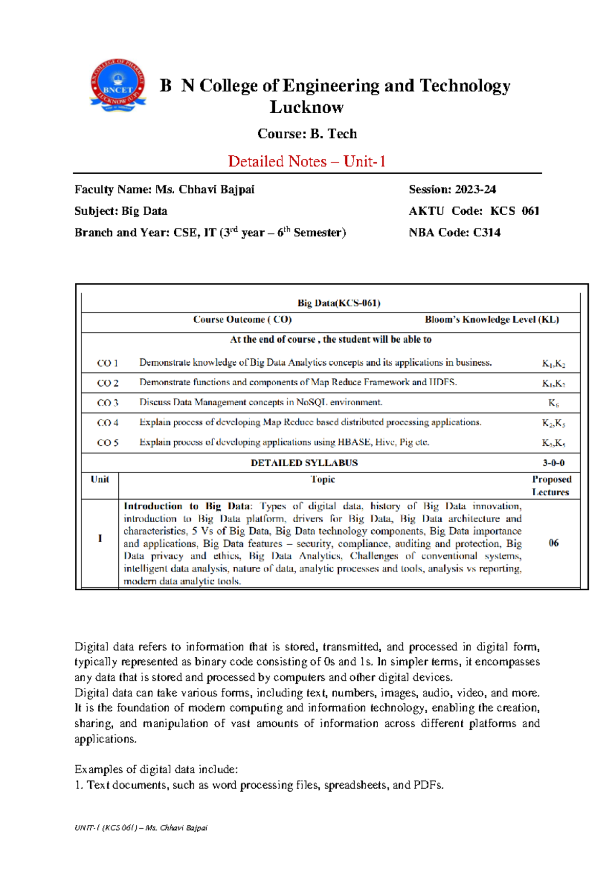 Big Data (UNIT-1) - B N College of Engineering and Technology Lucknow ...