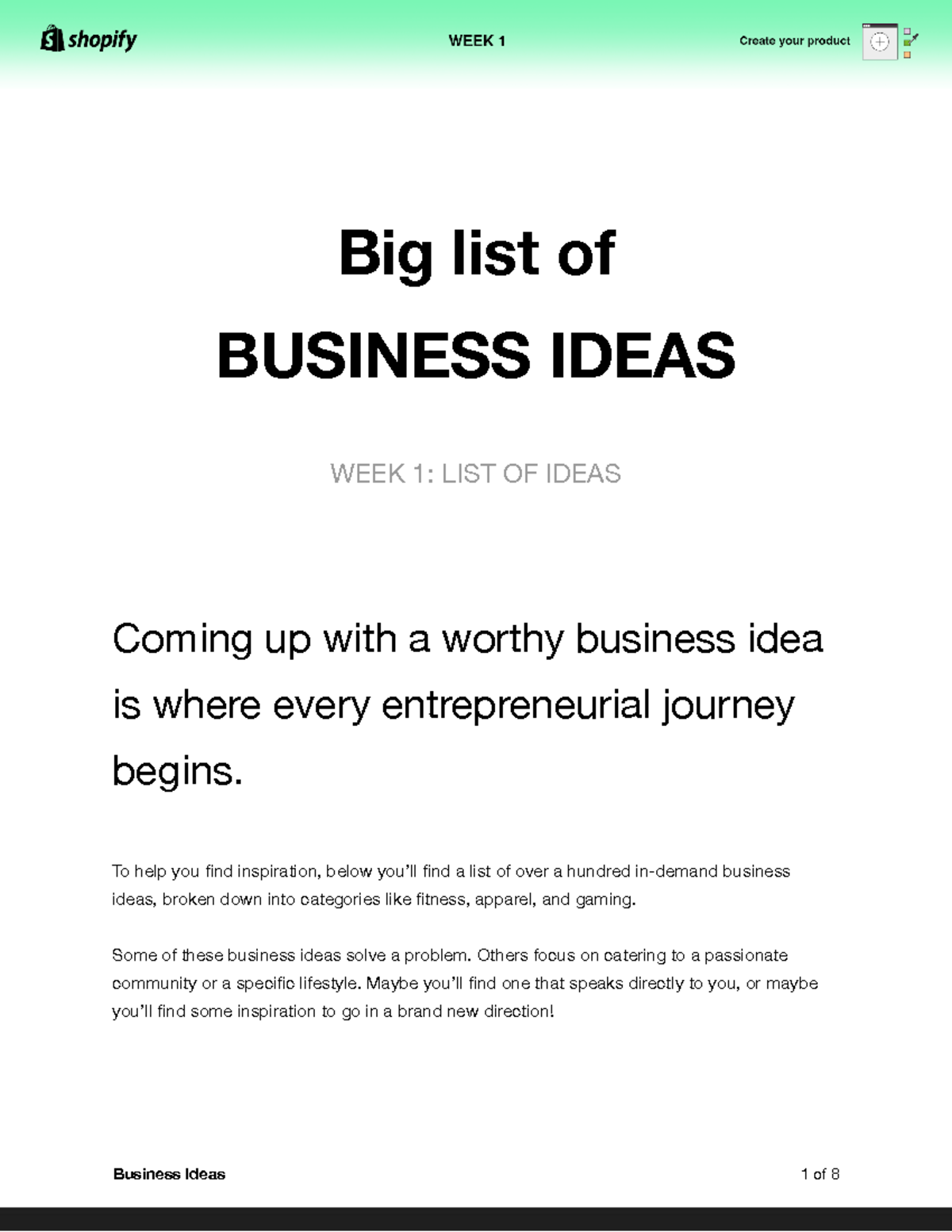 List of Business Ideas by Shopify - Big list of BUSINESS IDEAS WEEK 1 ...