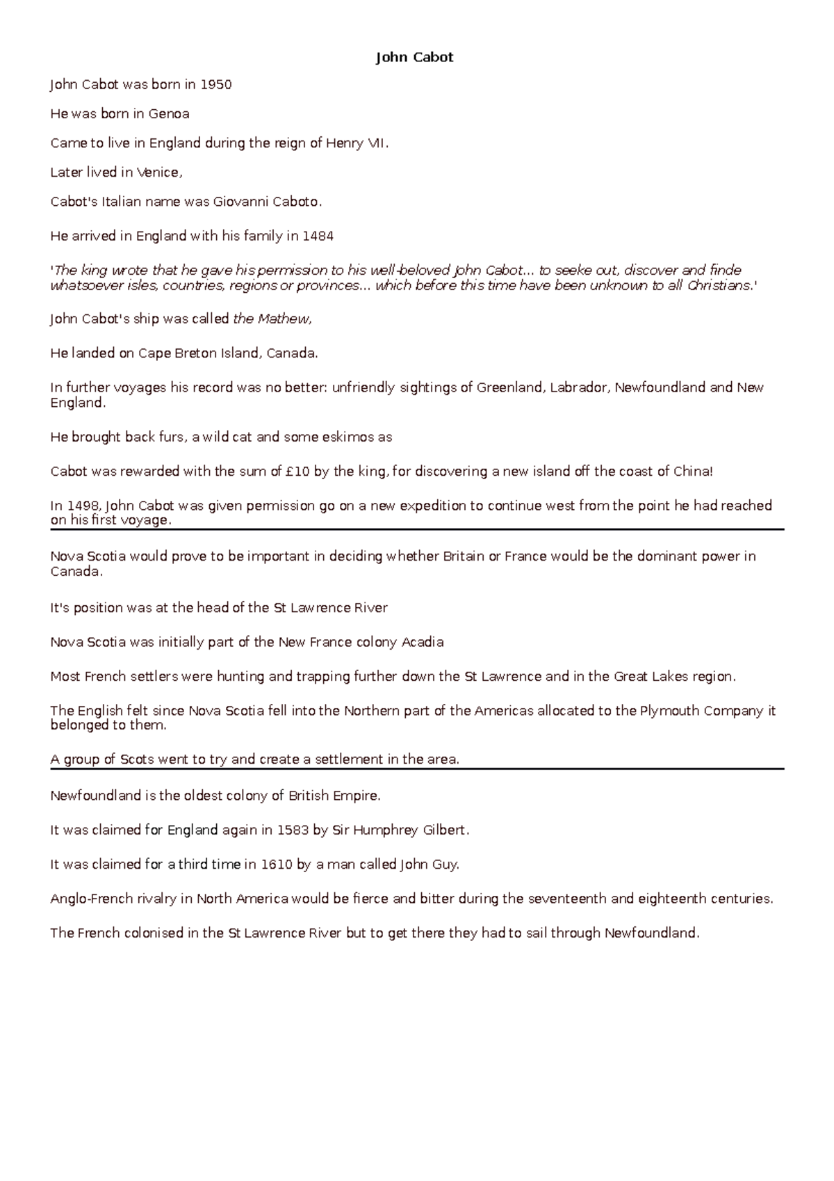 John Cabot - Notes detailing the earliest days of the British Empire ...