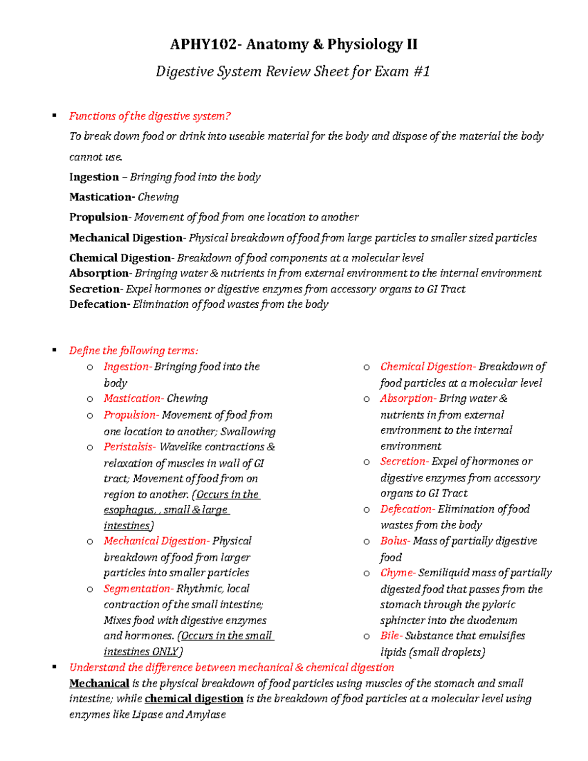 Digestive System Lecture Study Guide - APHY102- Anatomy & Physiology II ...
