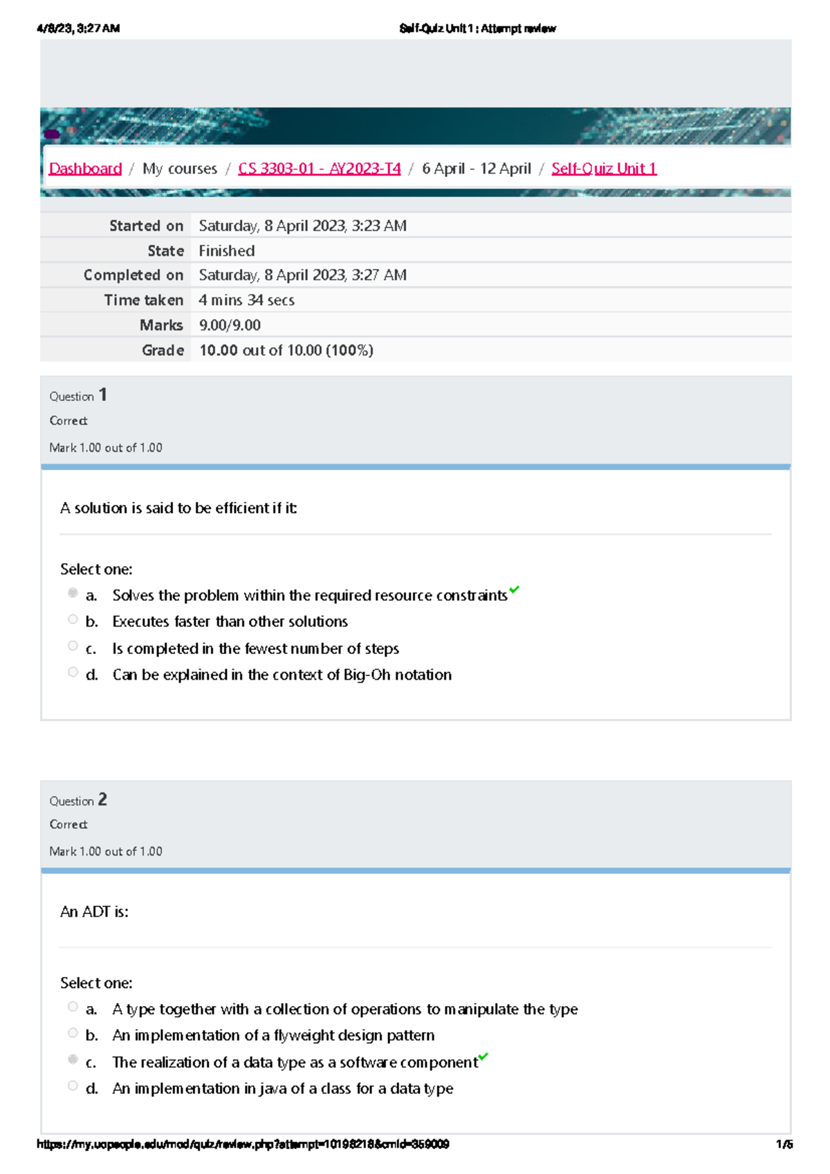 Self-Quiz Unit 1 Attempt review - Started on Saturday, 8 April 2023, 3:23 AM State Finished ...