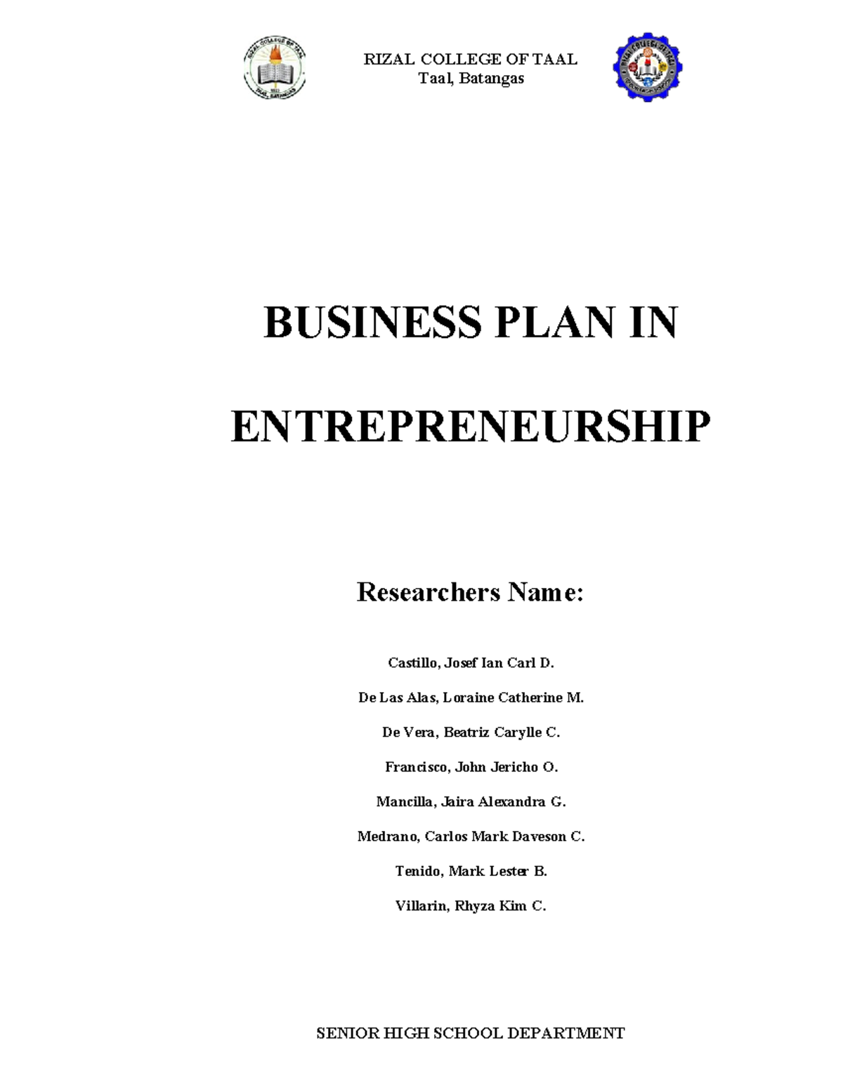 Sample Business PLAN FOR Chapter 4 5 6 - Taal, Batangas BUSINESS PLAN ...