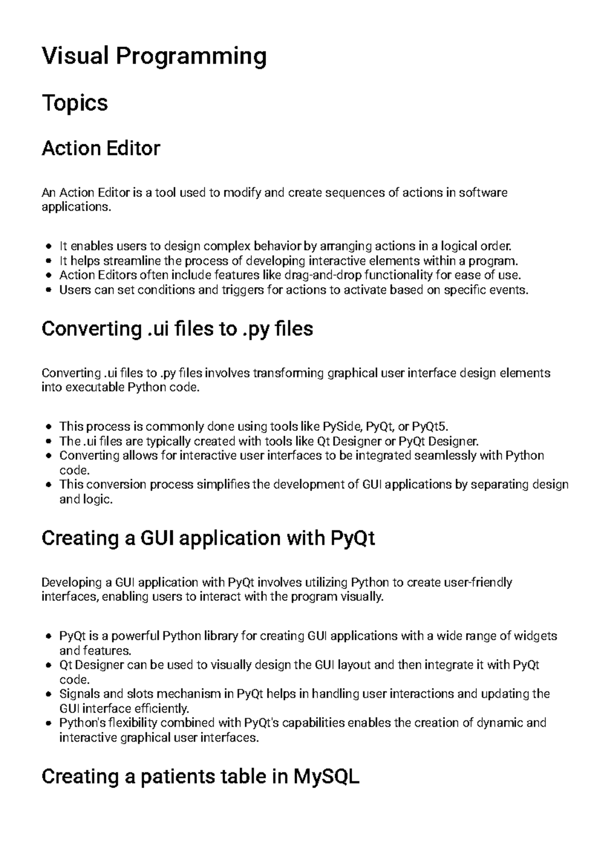 Visual Programming Study Guide Visual Programming Topics Action