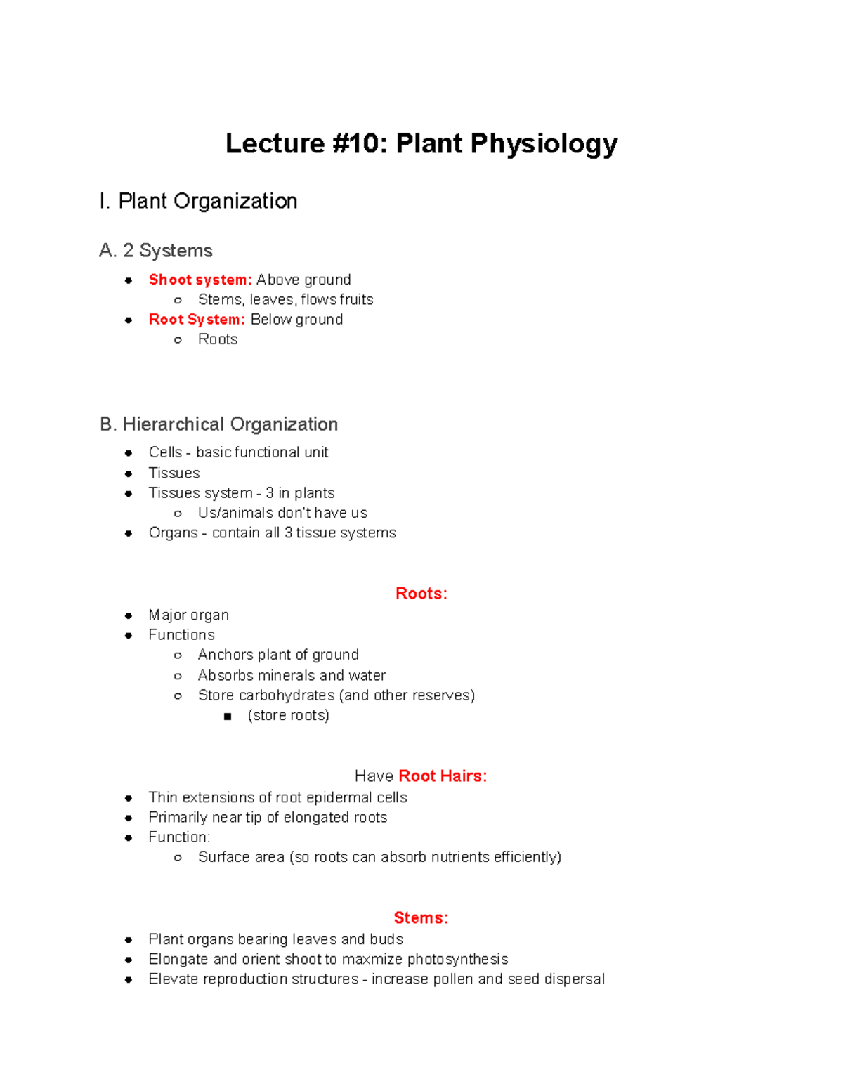 Biology II for lectures 10-18 - Lecture #10: Plant Physiology I. Plant ...