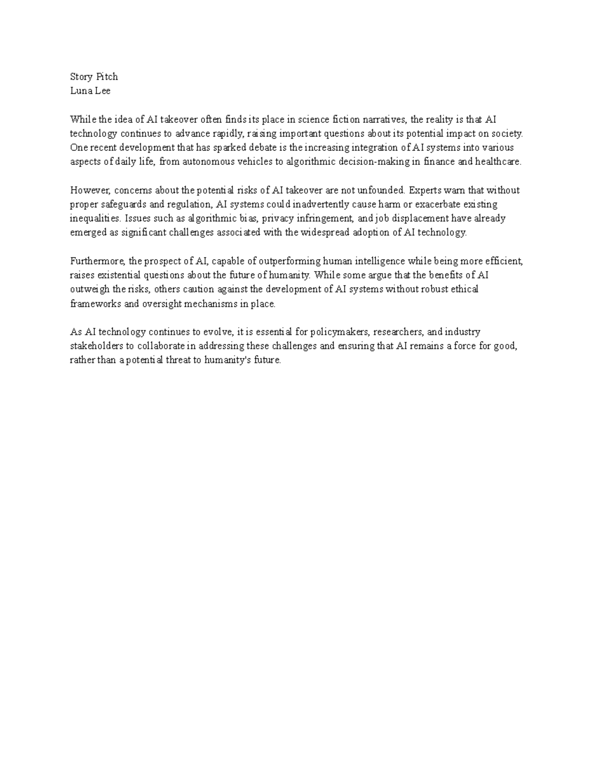 Story Pitch - Google Docs - Story Pitch Luna Lee While the idea of AI ...