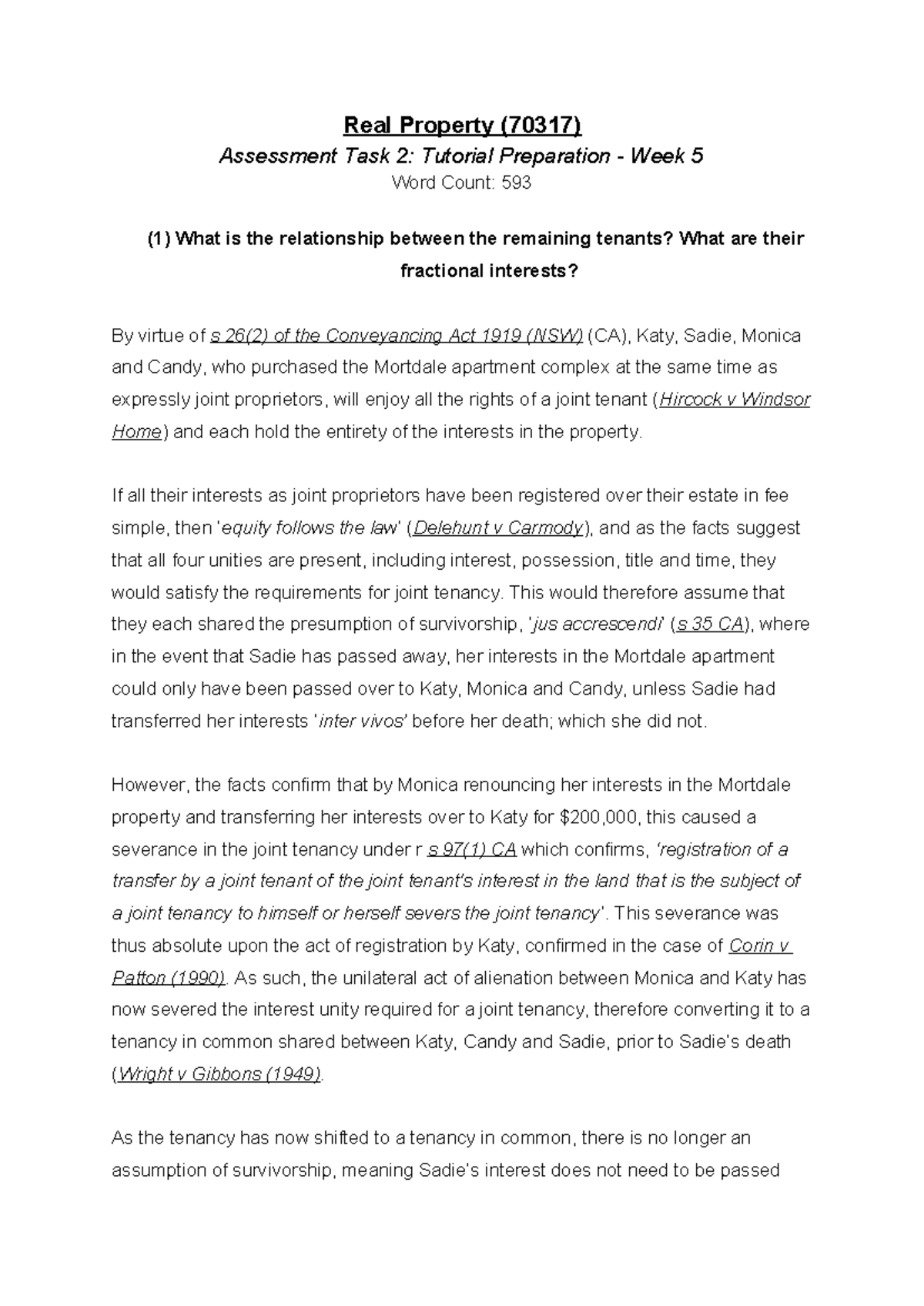 WEEK 5 Submission - Real Property (70317) Assessment Task 2: Tutorial ...