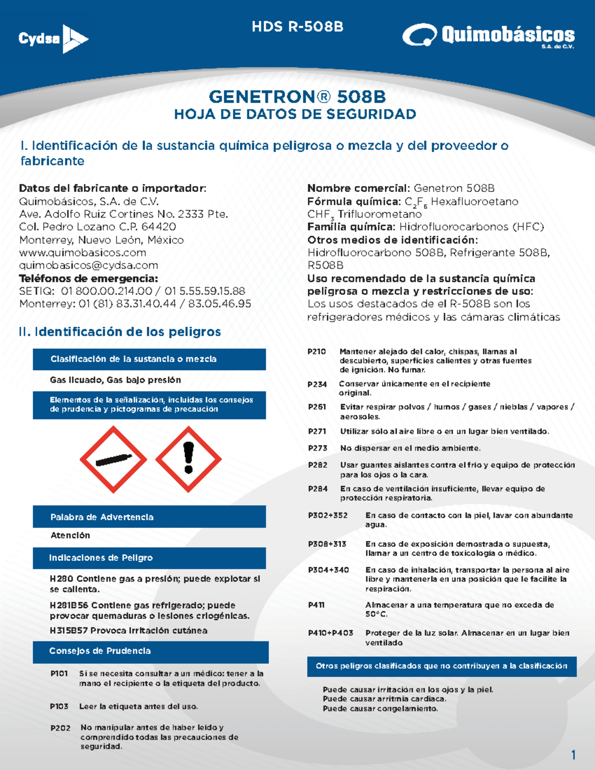 HDS Genetron® 508B - hds - I. Identificación de la sustancia química ...