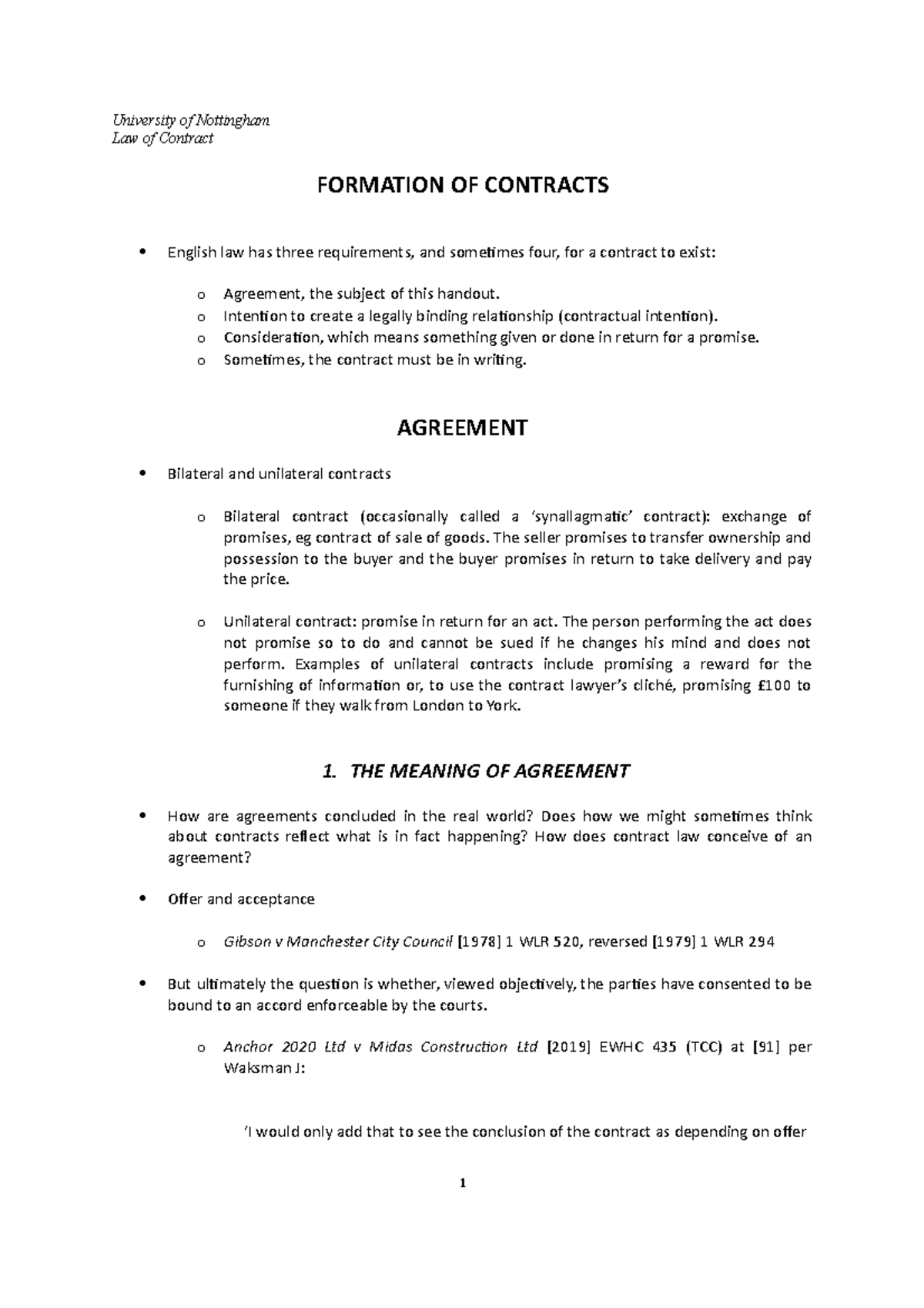 1 Agreement Formation - Law of Contract FORMATION OF CONTRACTS English ...