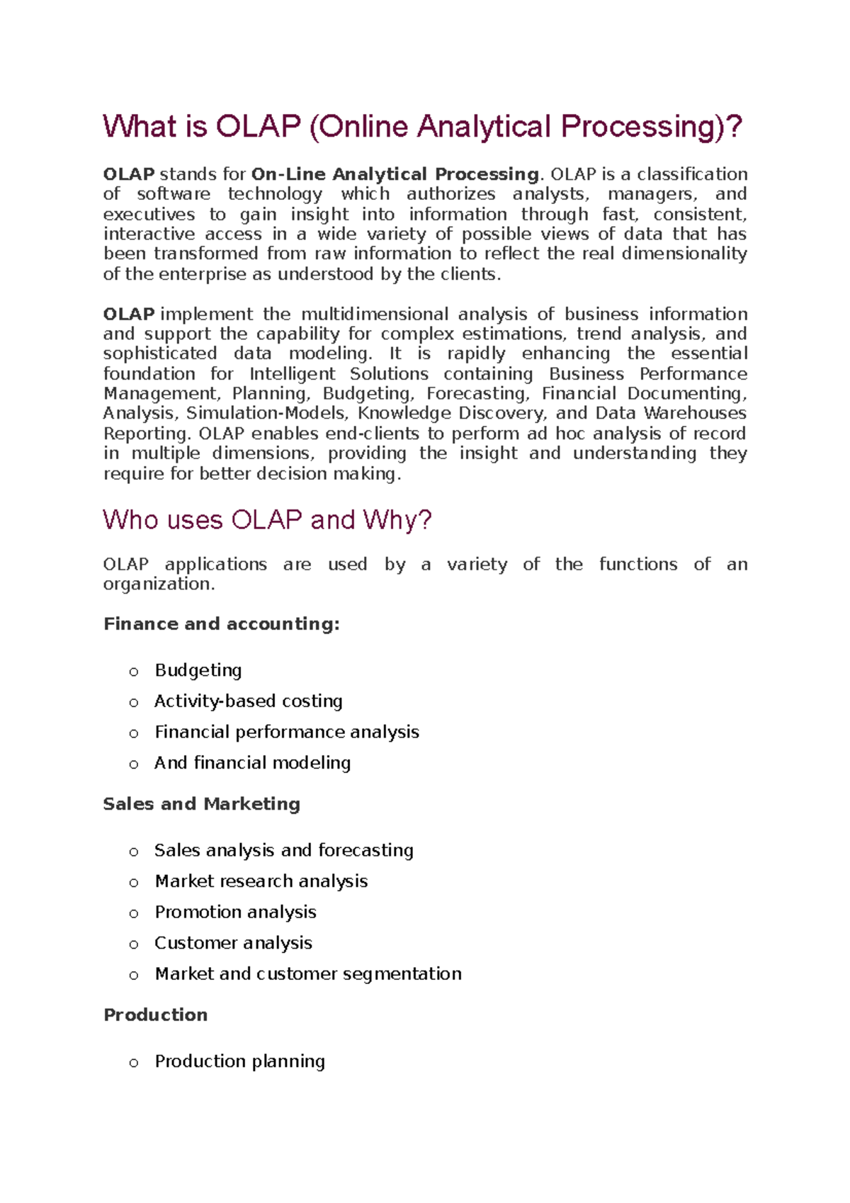 What is OLAP - notes - What is OLAP (Online Analytical Processing ...