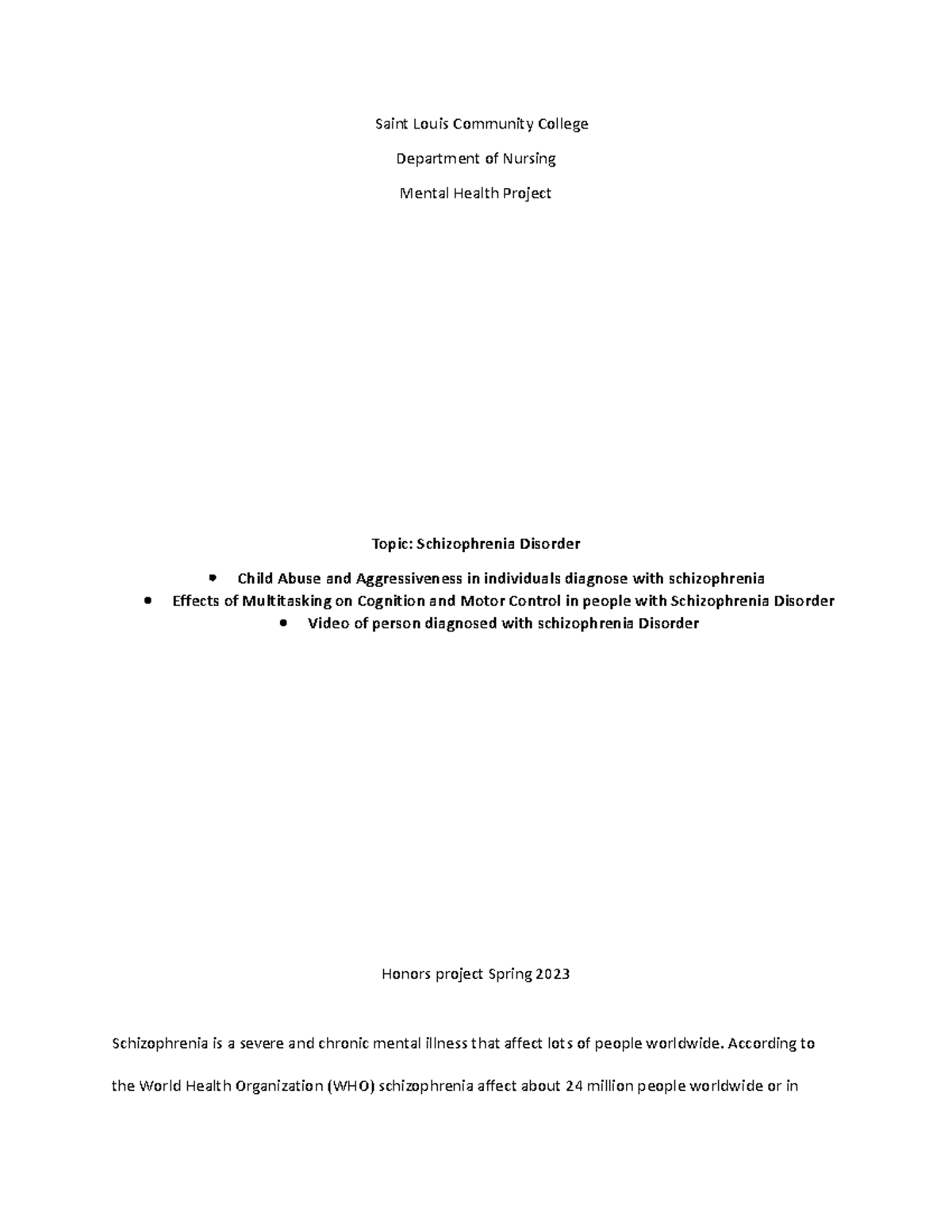 Honors Project - Impact of Schizophrenia - Saint Louis Community ...
