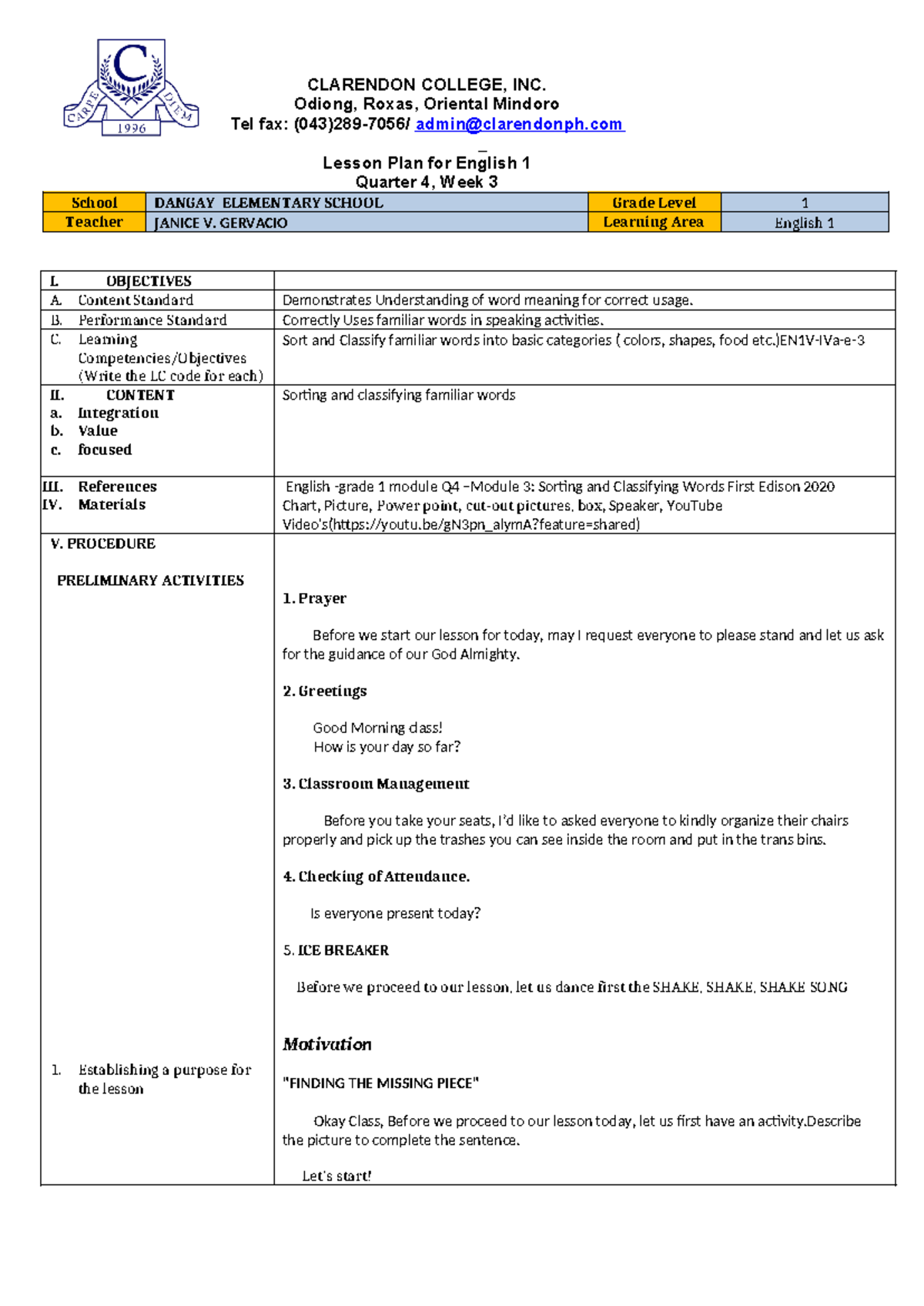 Janice EN1V IVA E 3 DLL - LESSON PLAN - CLARENDON COLLEGE, INC. Odiong ...