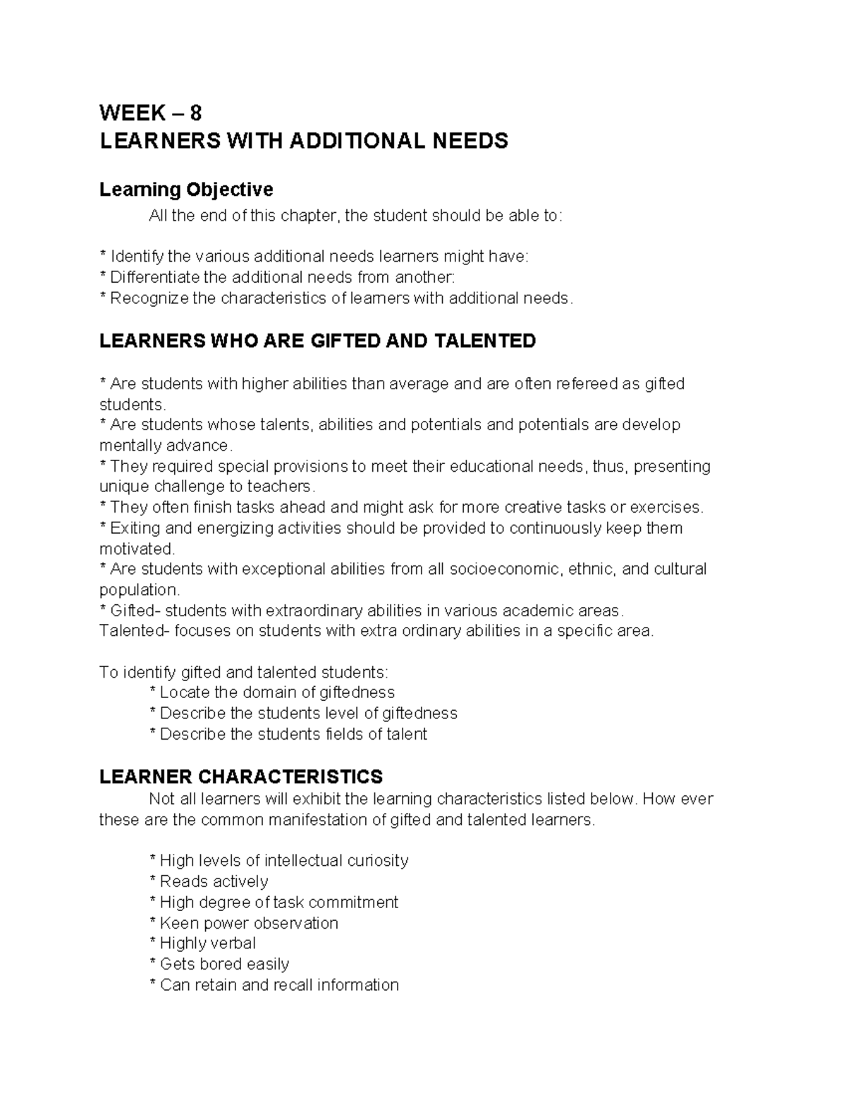 LEARNERS WITH ADDITIONAL NEEDS - WEEK – 8 LEARNERS WITH ADDITIONAL ...