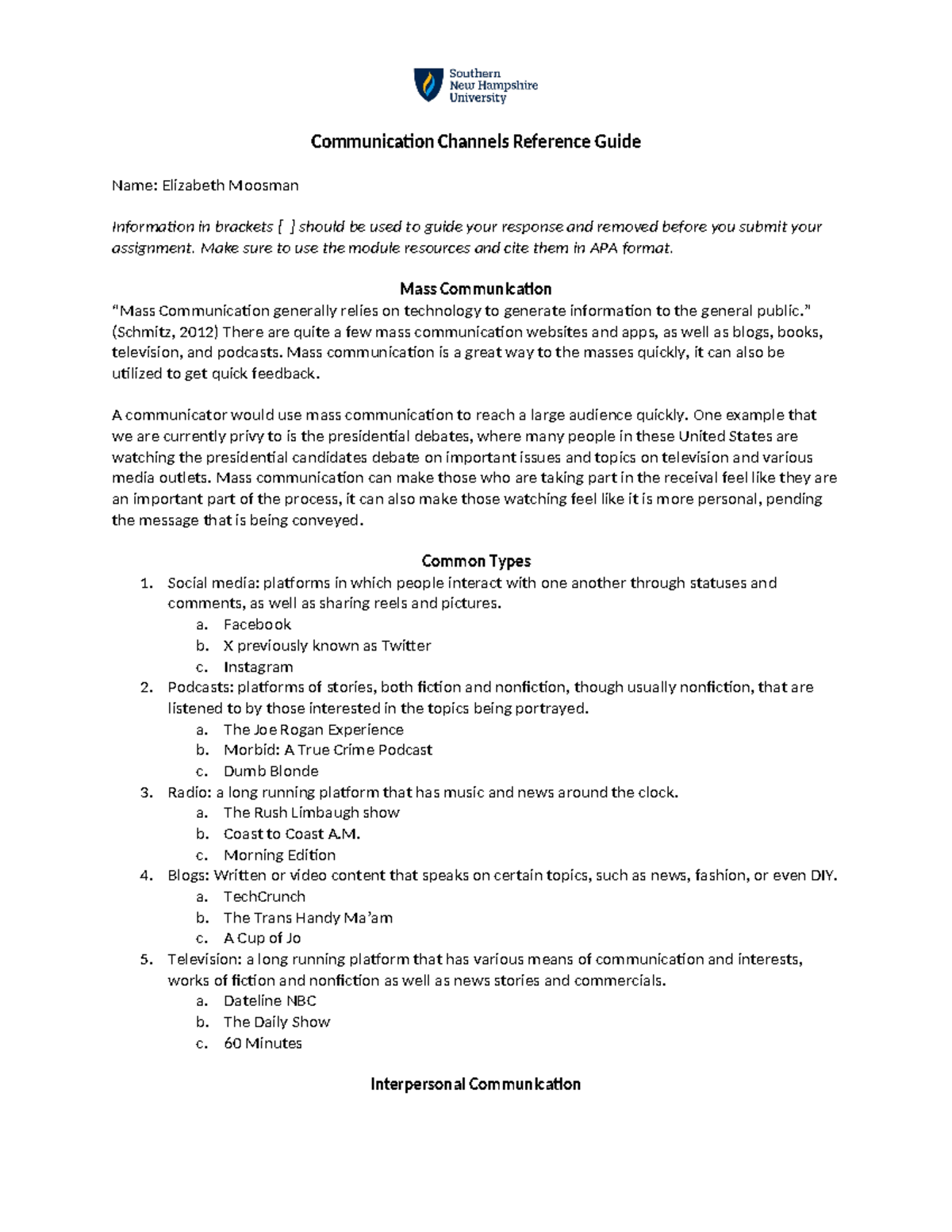 COM 127 Reference Guide Template - Communication Channels Reference Guide Name: Elizabeth ...