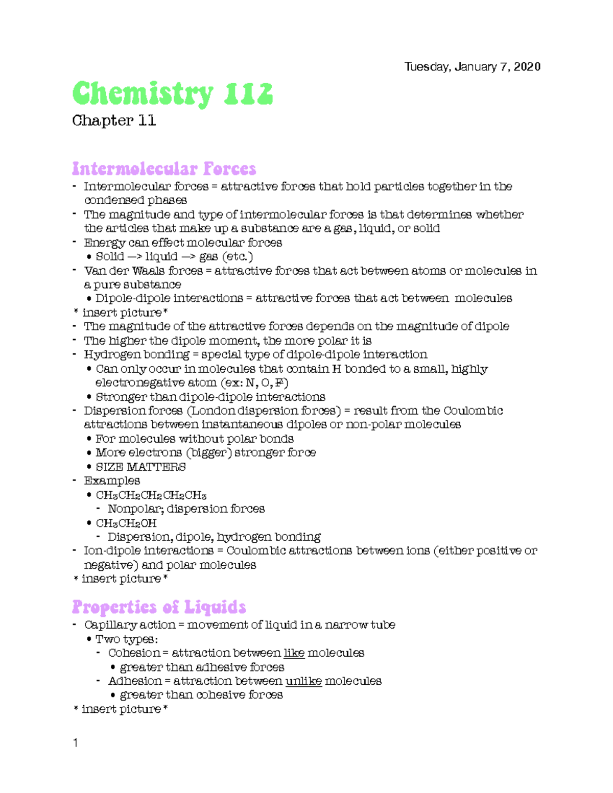 Chem 112 Chapter 11 Notes - Tuesday, January 7, 2020 Chemistry 112 ...