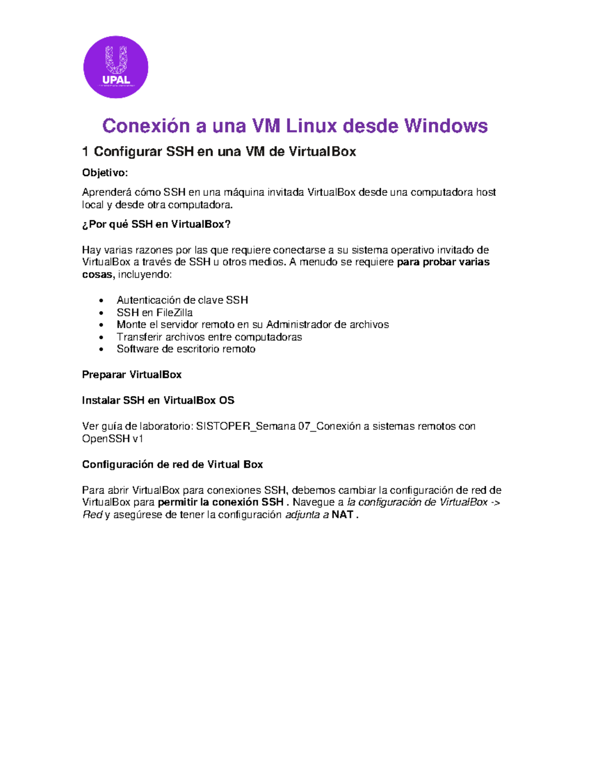 Sistoper Semana 07 Conexión a una VM Linux desde Windows v1 - Conexión a una VM Linux desde ...