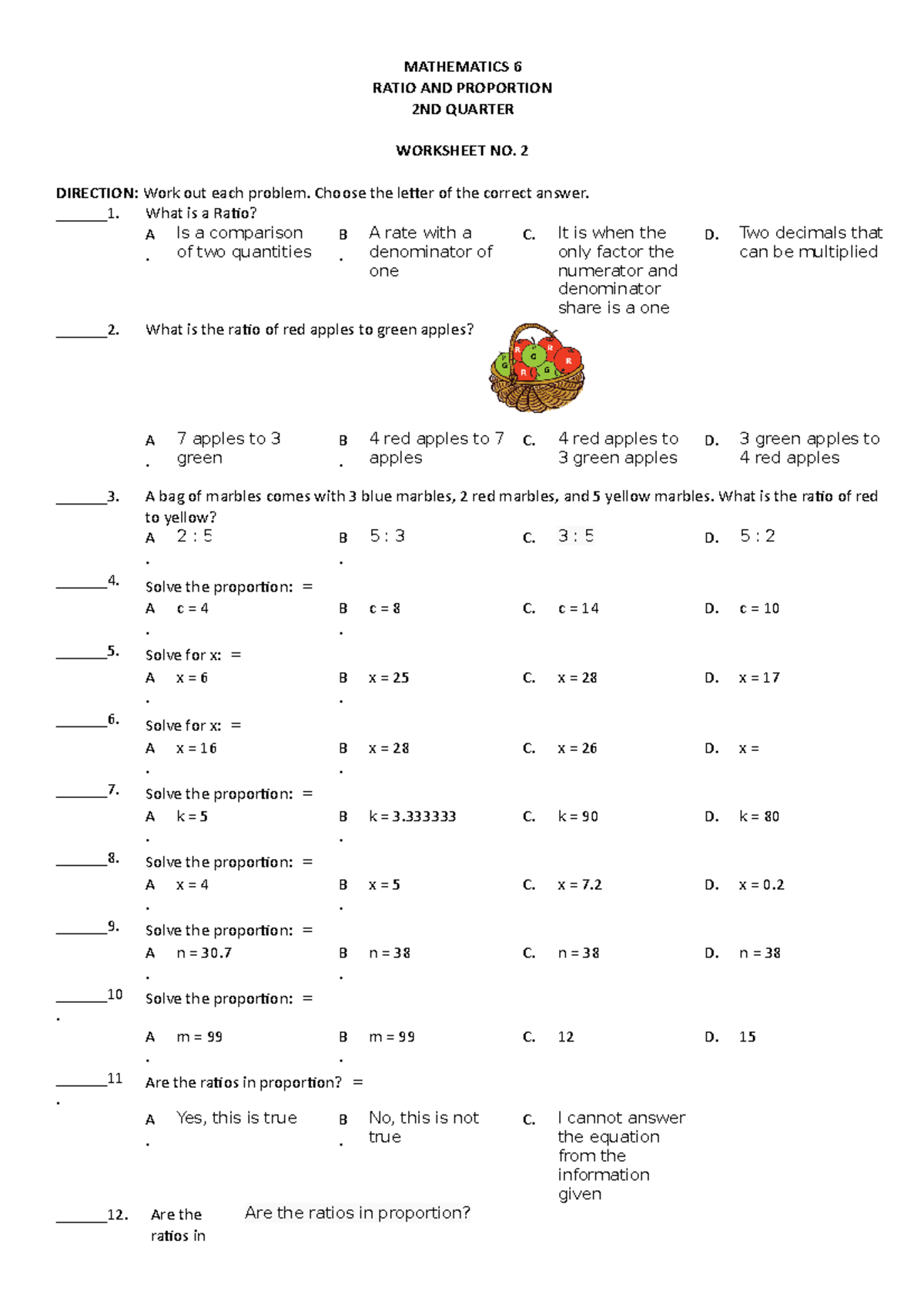 Worksheet NO 2 M ATH 2ND Free MATHEMATICS 6 RATIO AND PROPORTION