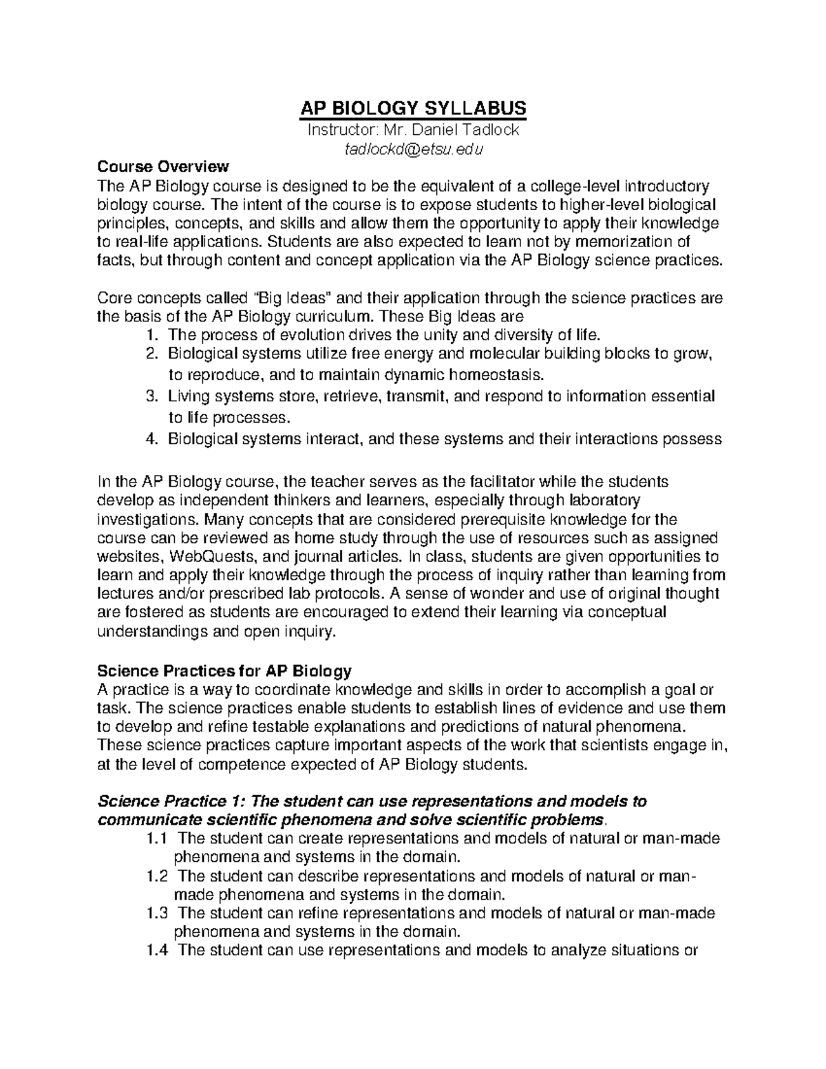 Ap bio syllabus 2023 - Class information - AP BIOLOGY SYLLABUS ...