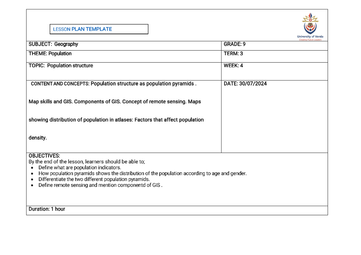 GEO Lesson PLAN 1 - LESSON PLAN TEMPLATE University of Venda Creating ...