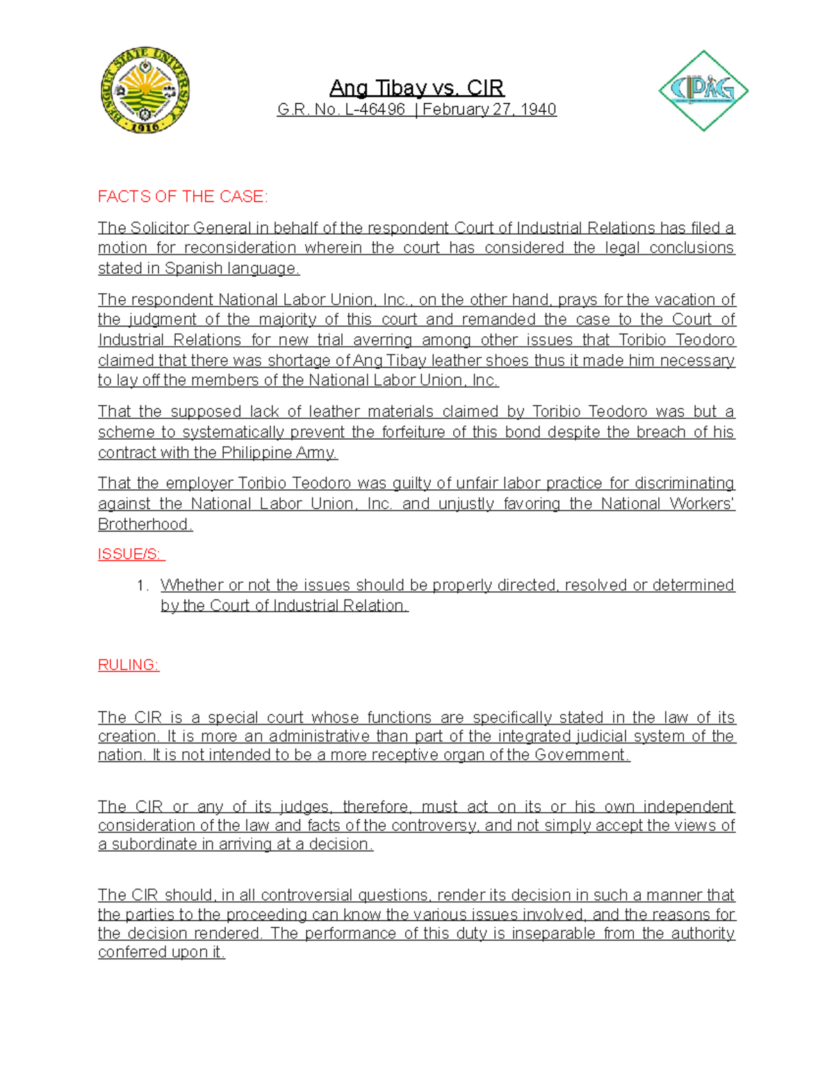 Case Digest of Ang Tibay V. CIR - Ang Tibay vs. CIR G. No. L-46496 ...