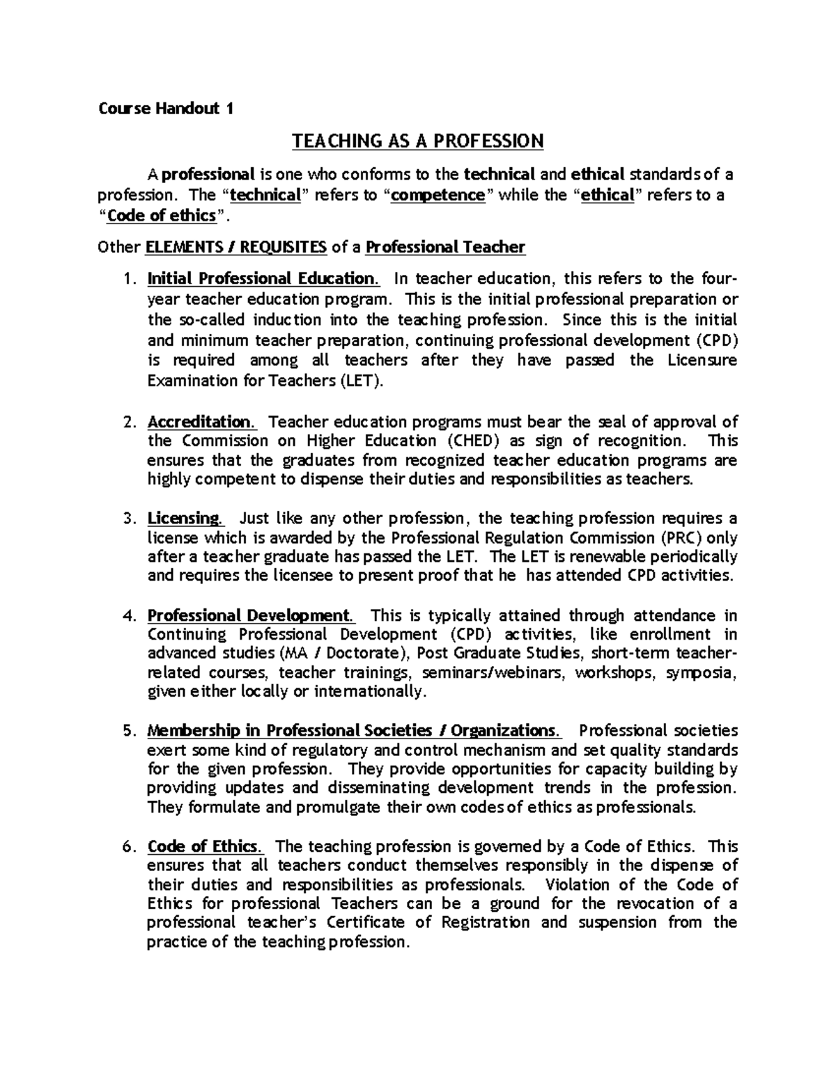 Teaching AS A Profession - Course Handout 1 TEACHING AS A PROFESSION A ...