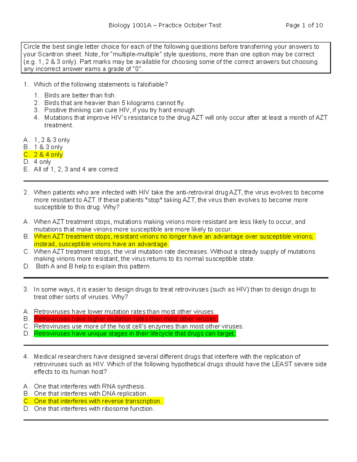 Biology October practice test - Circle the best single letter choice ...