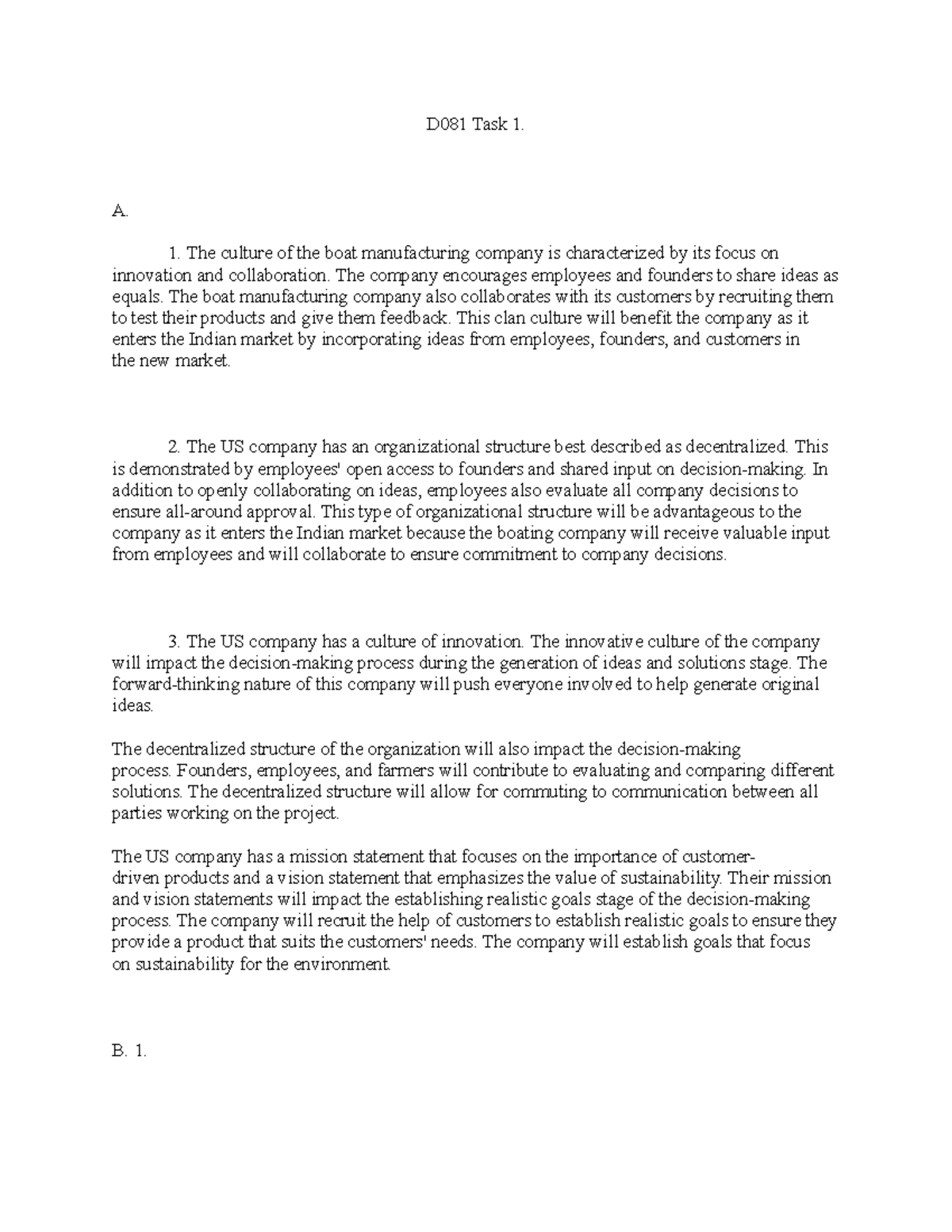 D081 Task 1 - task 1 - D081 Task 1. A. The culture of the boat ...