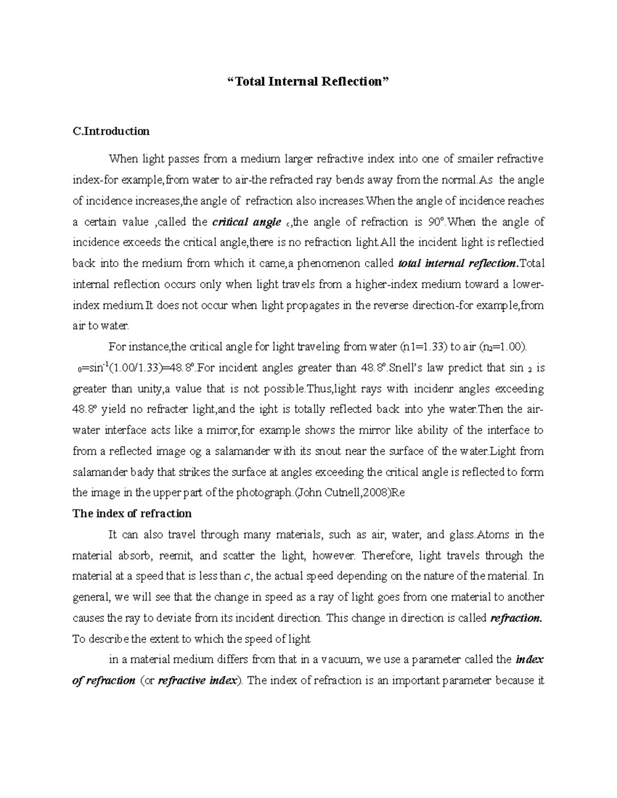 Total Internal Reflection - “Total Internal Reflection” C When light ...