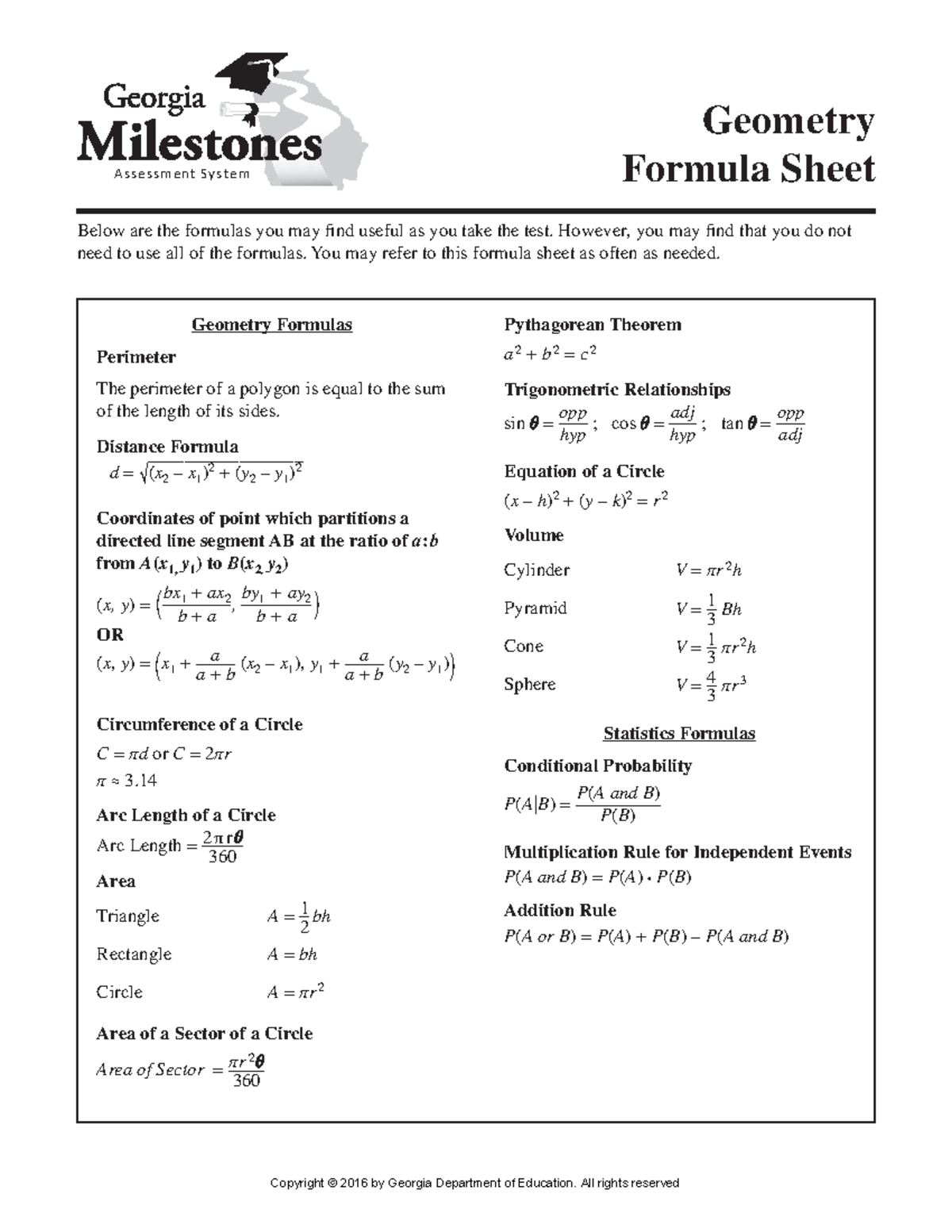 Geometry Formula Sheet - Geometry A ssessment System Formula Sheet ...