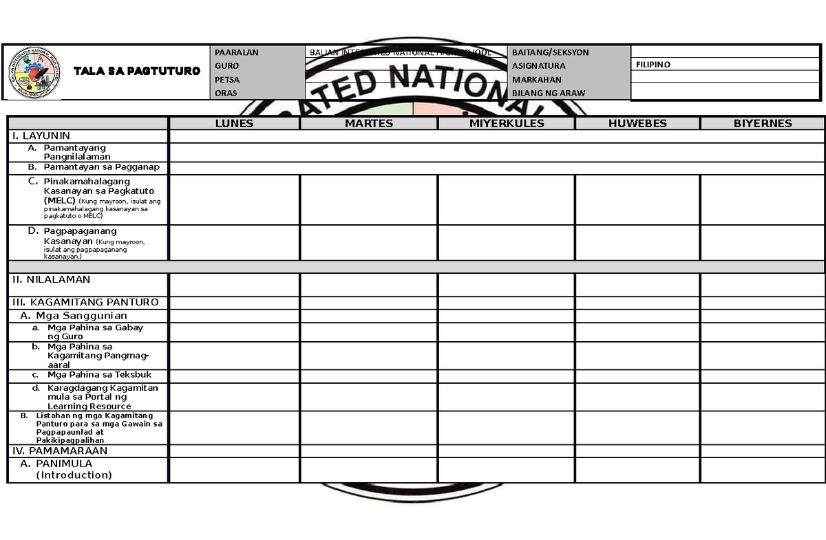 Dll-blank-form - Daily lesson log blank form - TALA SA PAGTUTURO PAARALAN GURO PETSA ORAS BALIAN ...