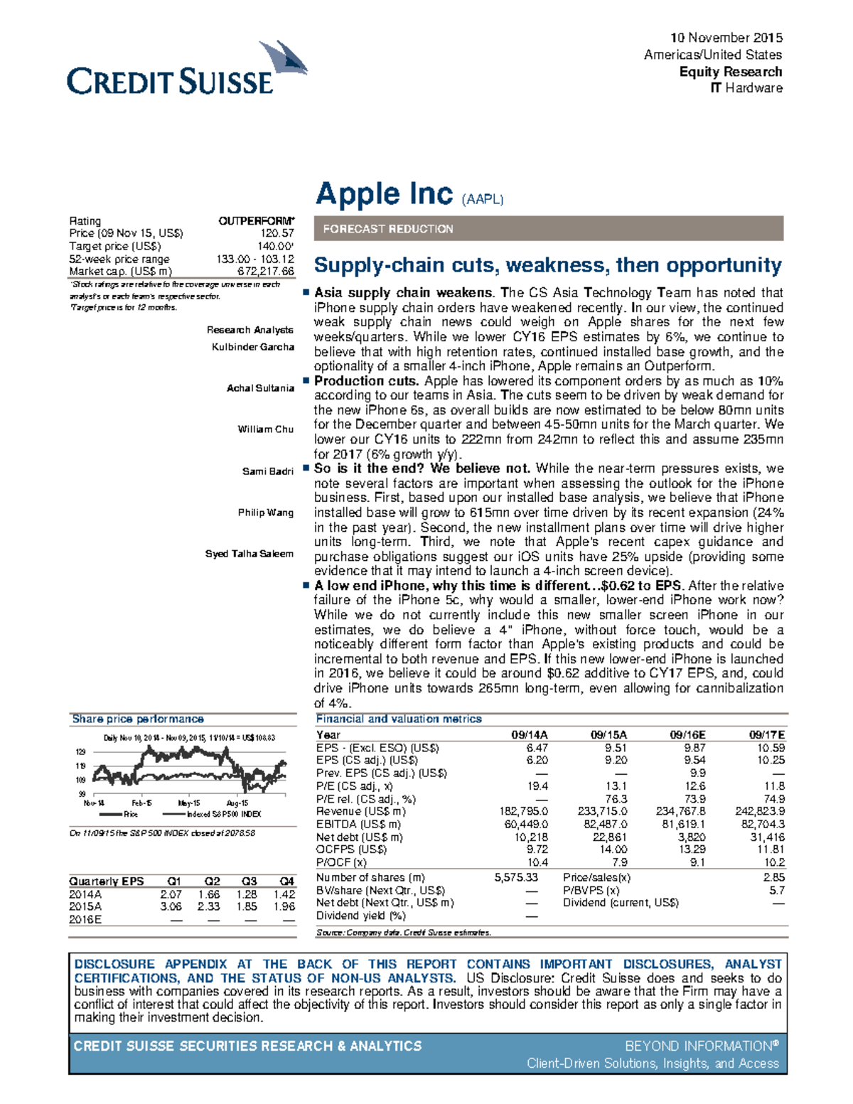 Apple Creditsuisse - DISCLOSURE APPENDIX AT THE BACK OF THIS REPORT ...