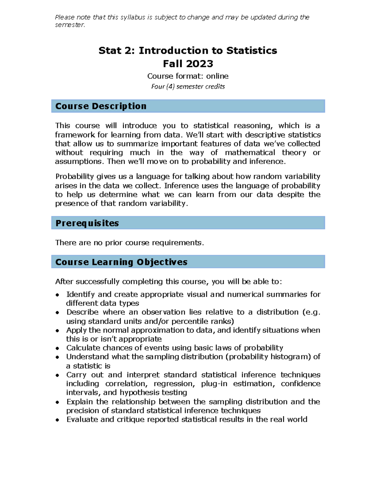 Syllabus_statistics - Please note that this syllabus is subject to ...