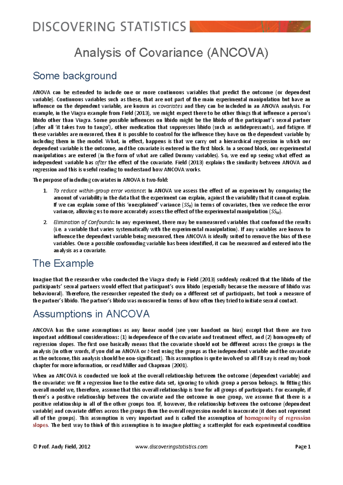 An covariance - Analysis of Covariance (ANCOVA) Some background ANOVA ...