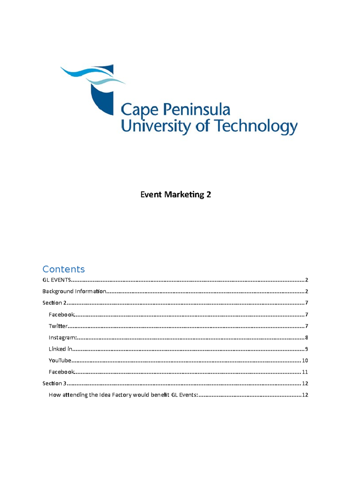 Marketing assignment 2 ) - Contents - **Event Marketing** GL - Studocu