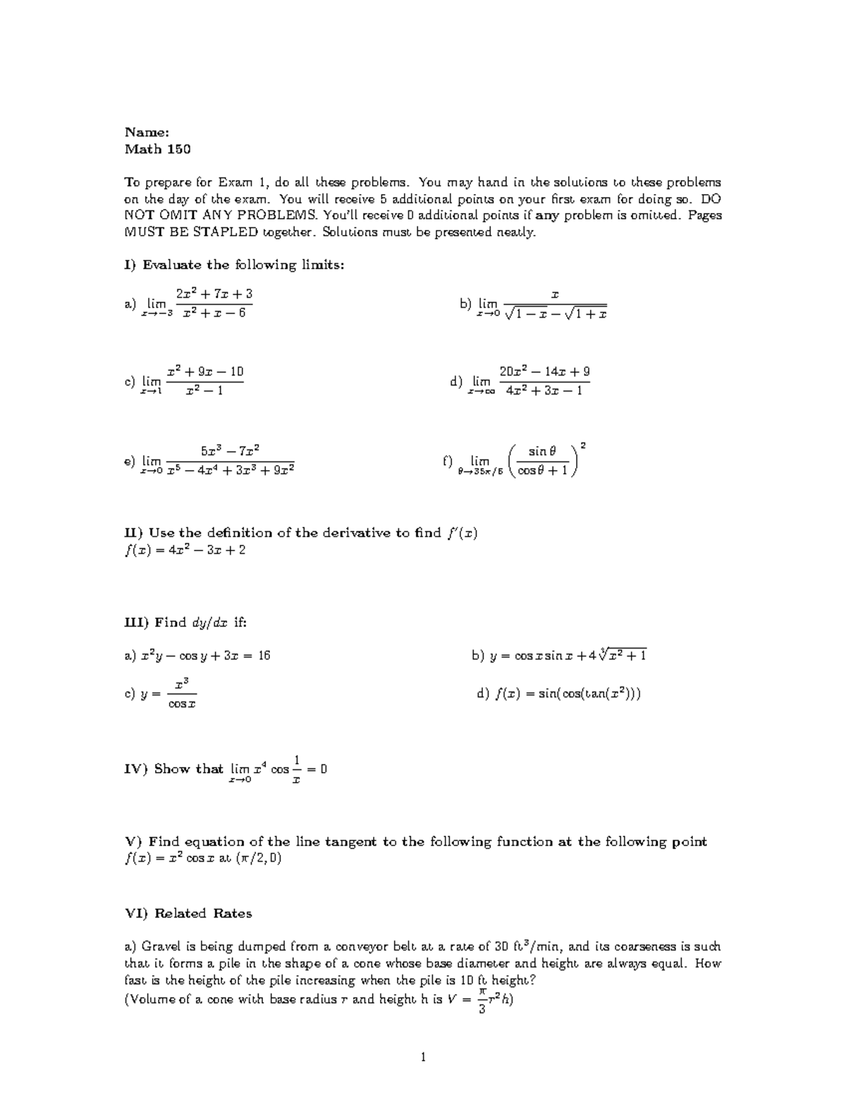 Calculus I 01 - calculs - Name: Math 150 To prepare for Exam 1, do all ...