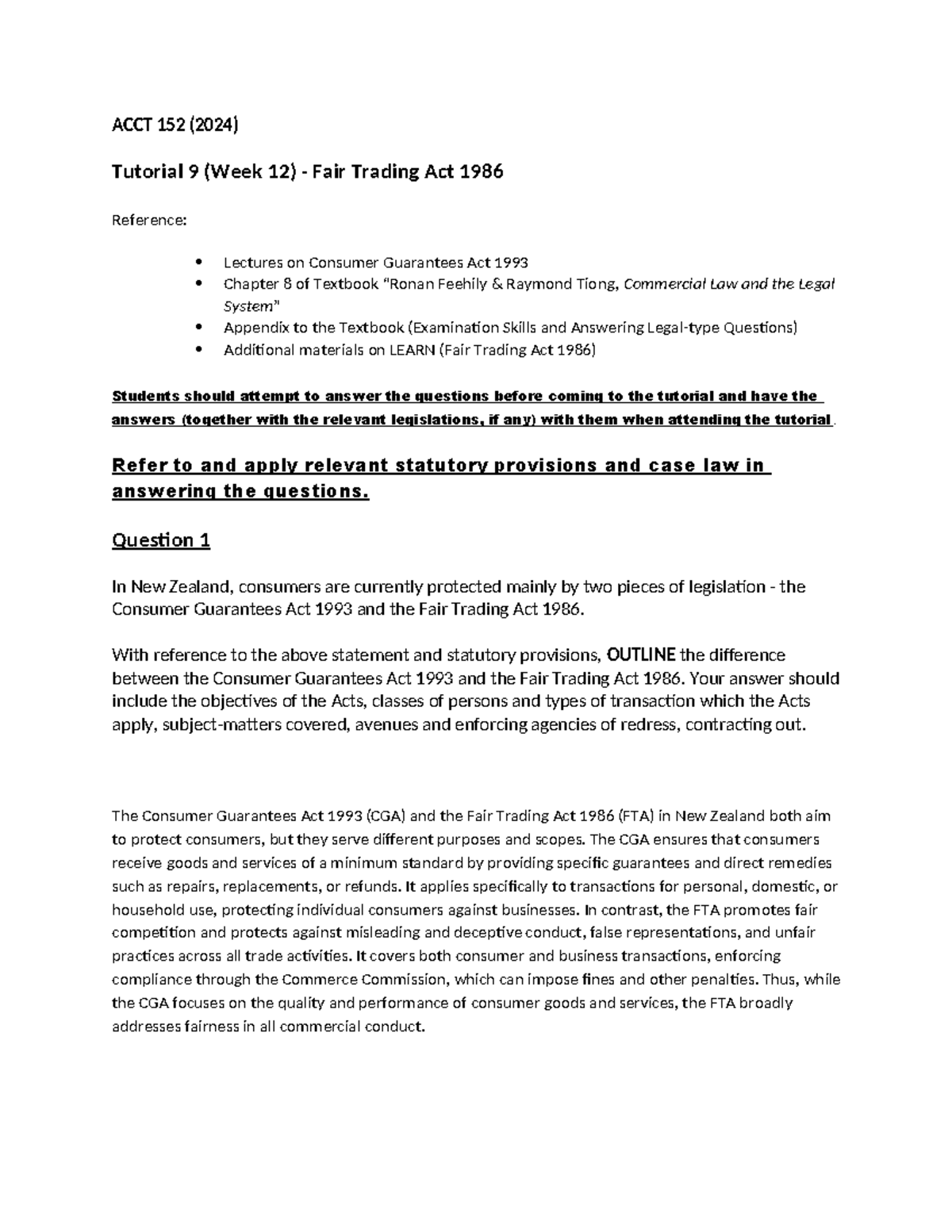 ACCT152 Tutorial 9 (Week 12) (2024) Qs & Ans - ACCT 152 (2024) Tutorial 9 (Week 12) - Fair ...