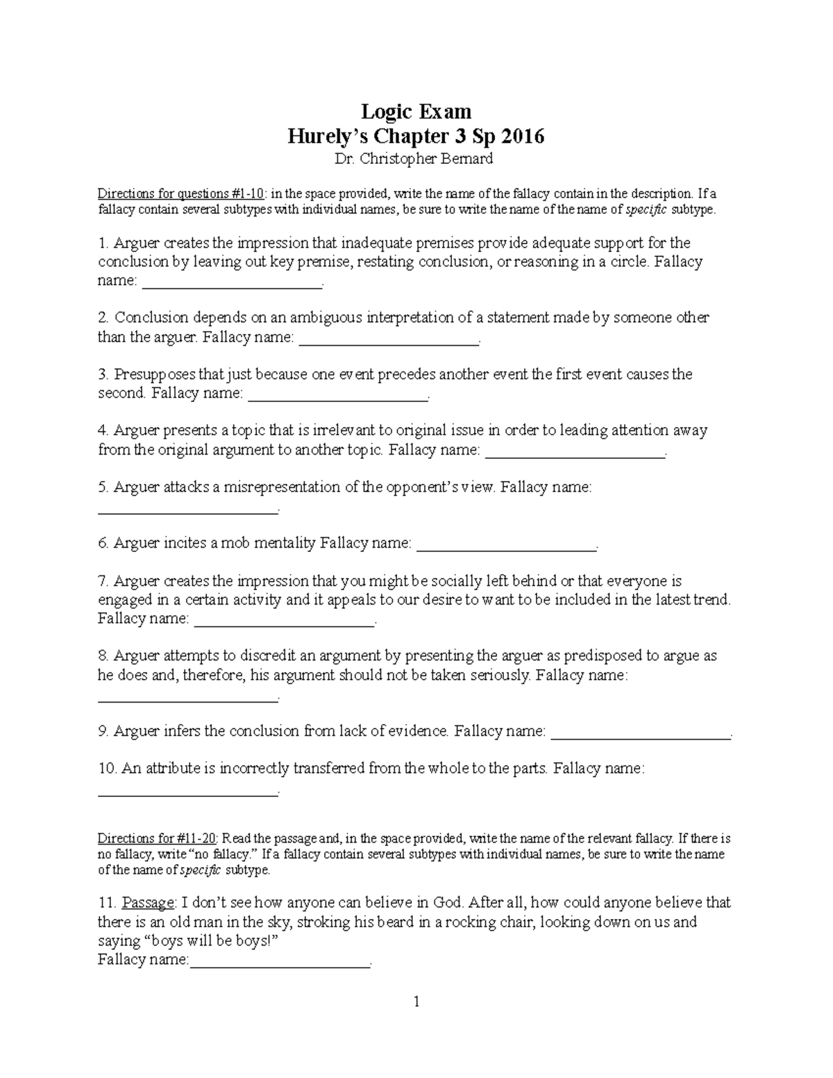 Logic Exam 2nd Ch3 Test (questions) - Logic Exam Hurely’s Chapter 3 Sp ...