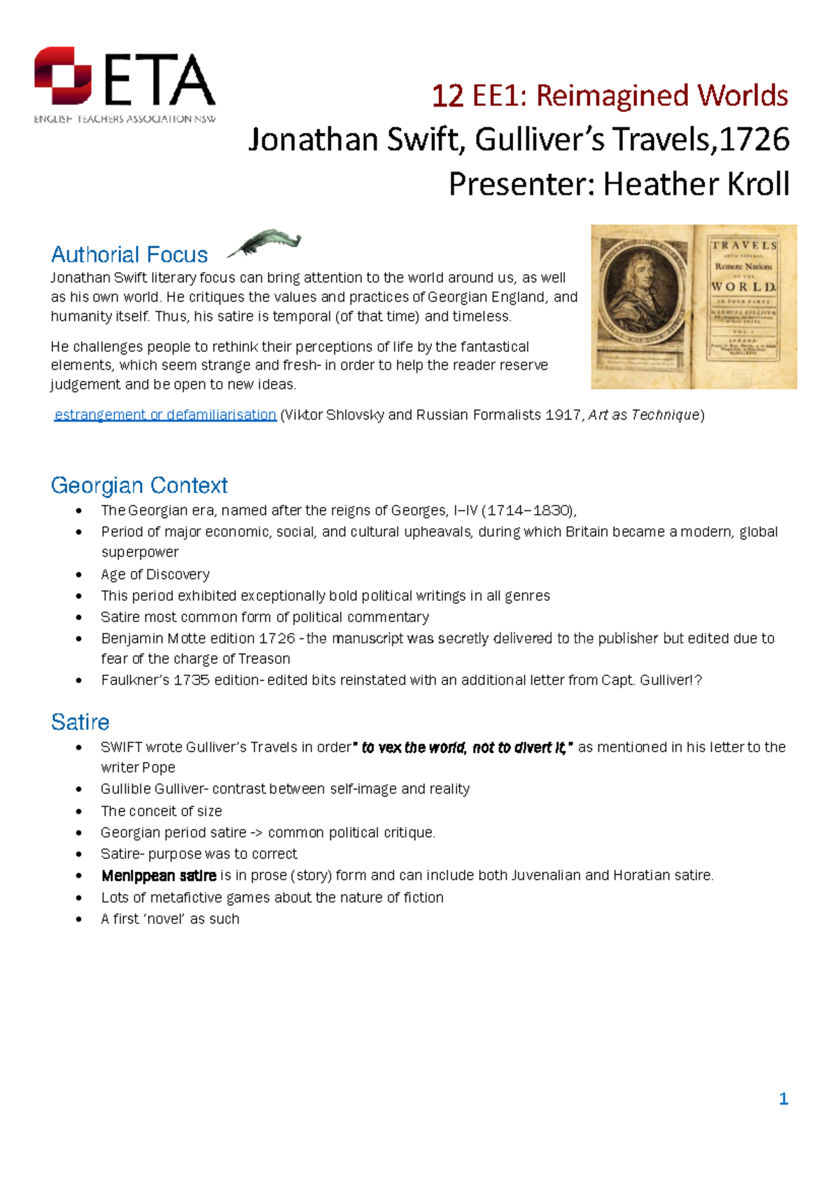 2024 EE1 Reimagined Worlds Gulliver's Travels Student notes Heather ...