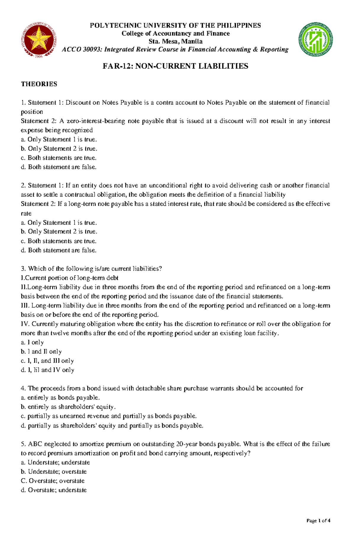 Intacc 3 Non Current Liabilities Polytechnic University Of The