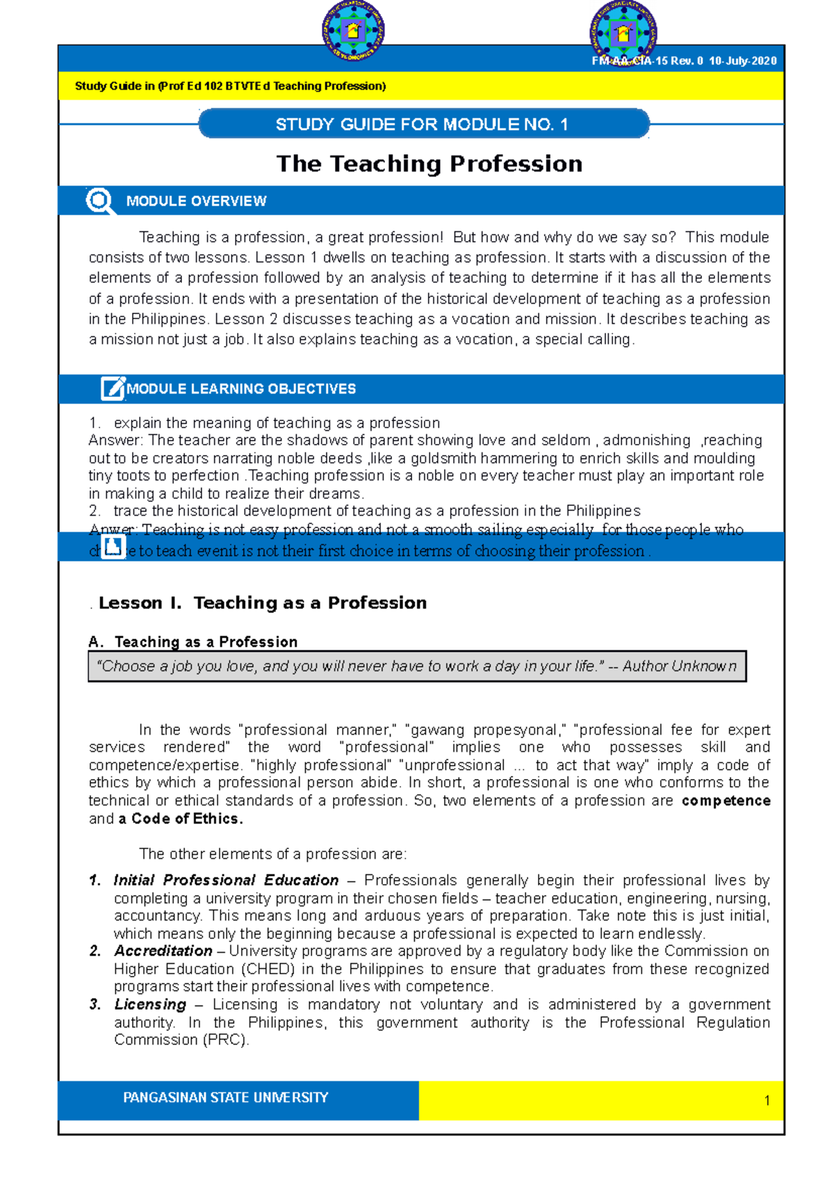 Modue 1 - Lecture notes 1 - Facilitating Learner Centered-Teaching ...